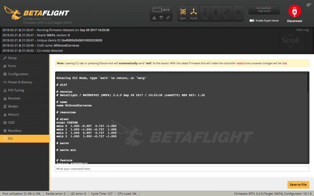 ¿Como hacer un backup de nuestra configuración betaflight?